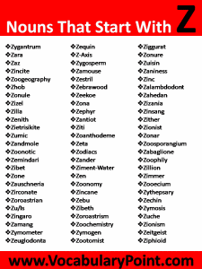 Nouns That Start with Z - Vocabulary Point