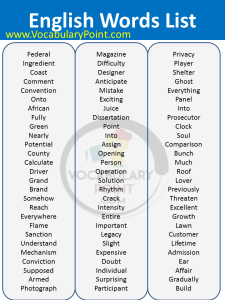 English Vocabulary Words List , English Words List - Vocabulary Point