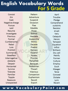 English Words For Class 5 - Vocabulary Point