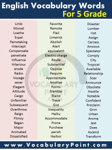English Words For Class 5 - Vocabulary Point