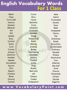 English Words For Class 1 pdf - Vocabulary Point