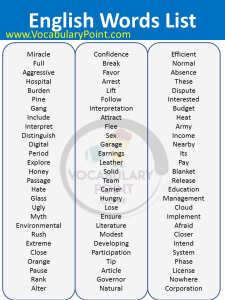 English Vocabulary Words List , English Words List - Vocabulary Point