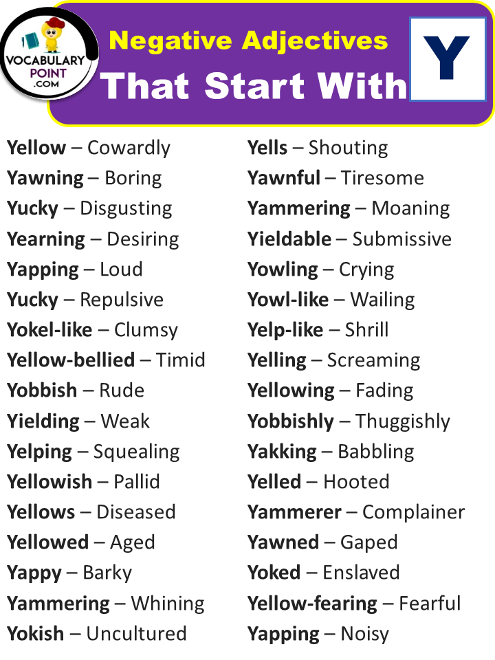 Negative Words That Start With Y Negative Adjectives Vocabulary Point