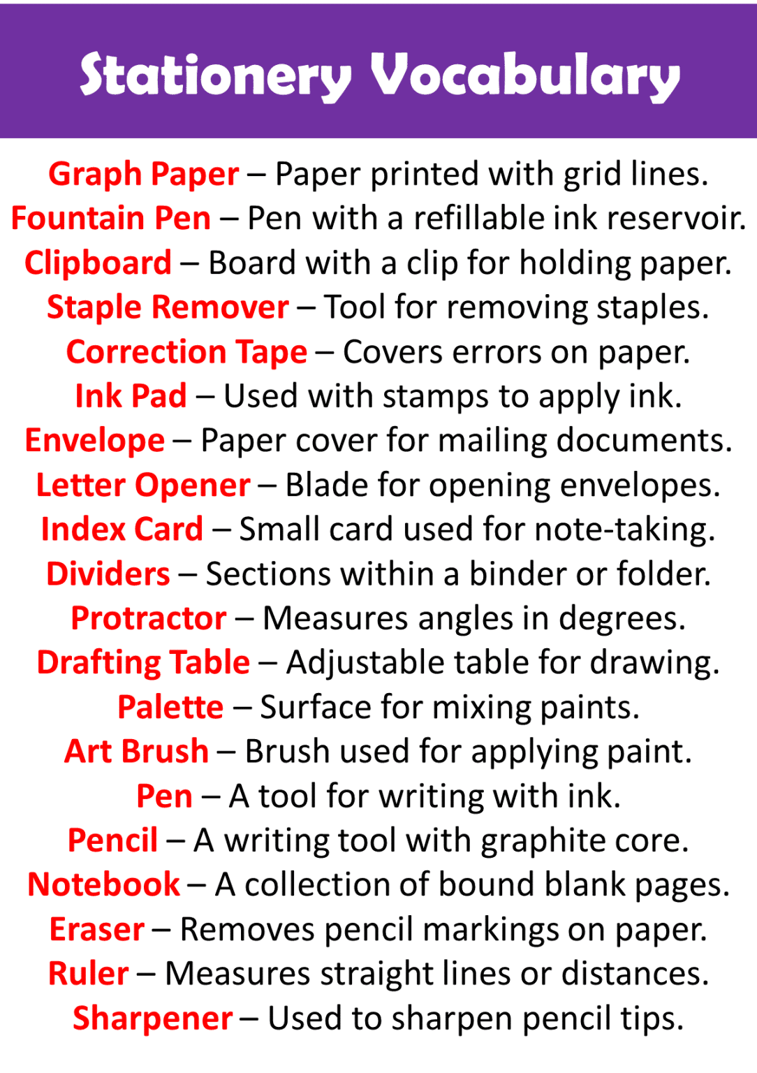 Stationery Vocabulary words in English - Vocabulary Point